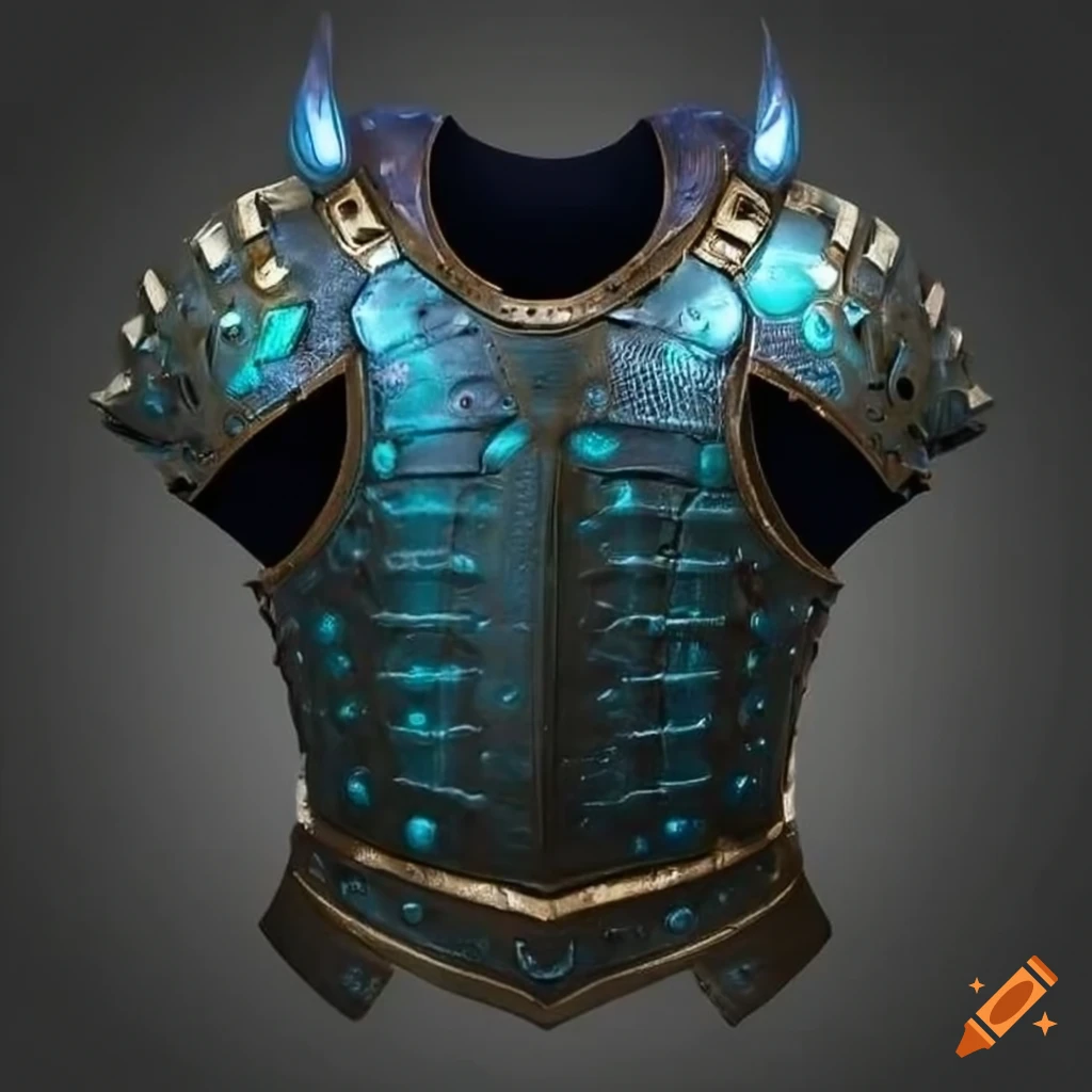 Adorned heavy body armor in a front view close-up on Craiyon