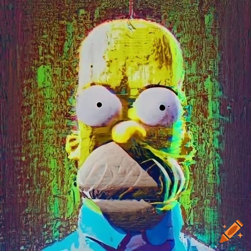 Double exposure of Homer Simpson with glitchy grunge textures on Craiyon