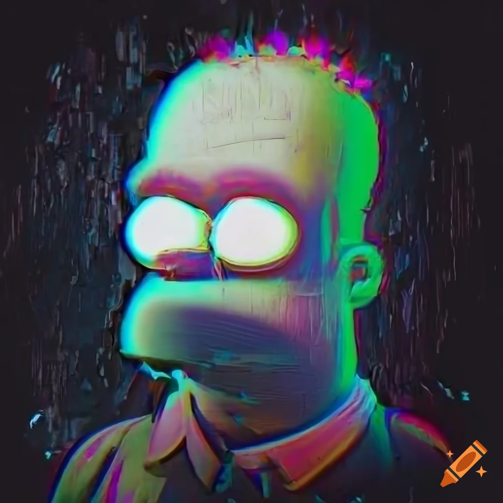 Double exposure of Homer Simpson with glitchy grunge textures on Craiyon