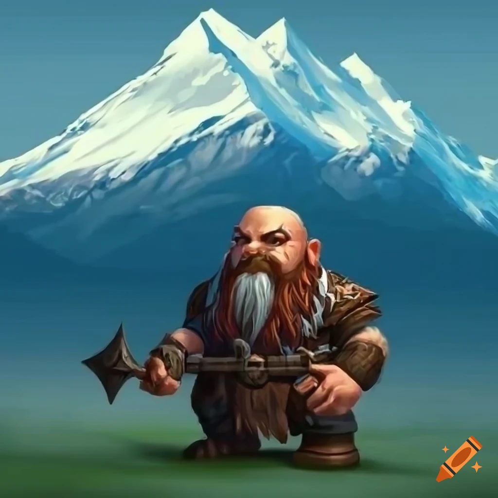 Bearded dwarf warrior in front of snow-capped mountains on Craiyon