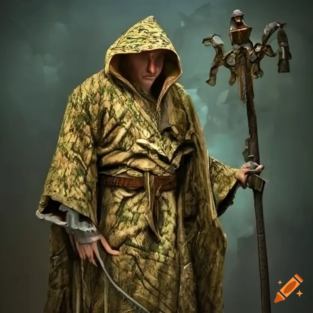 Cleric in mossy oak camo robe with hood up holding a staff with golden ...