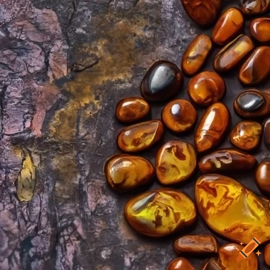 Metal wide bar made of amber gemstones with tribal carvings on copper ...