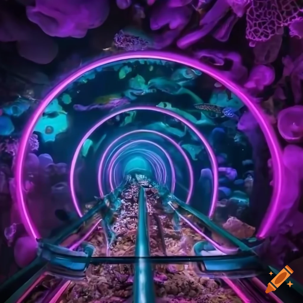 Futuristic underwater roller coaster glowing with neon lights among ...