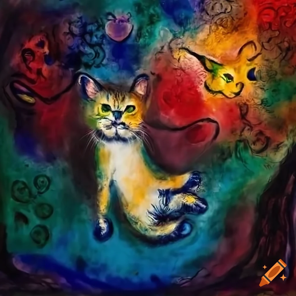 Dancing cats in a colorful forest inspired by marc chagall's style on ...