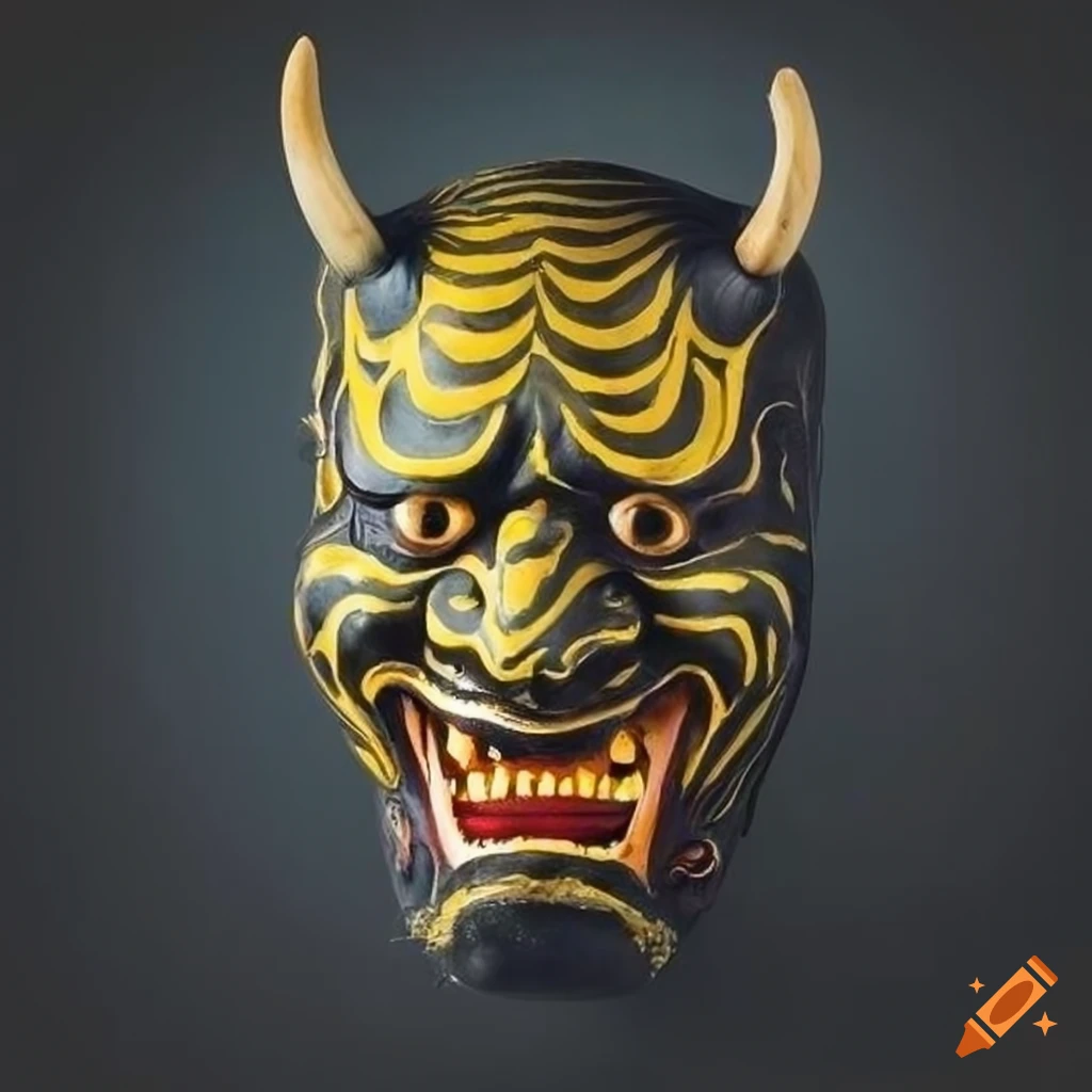 Japanese oni mask with antlers and fangs in black and yellow on Craiyon