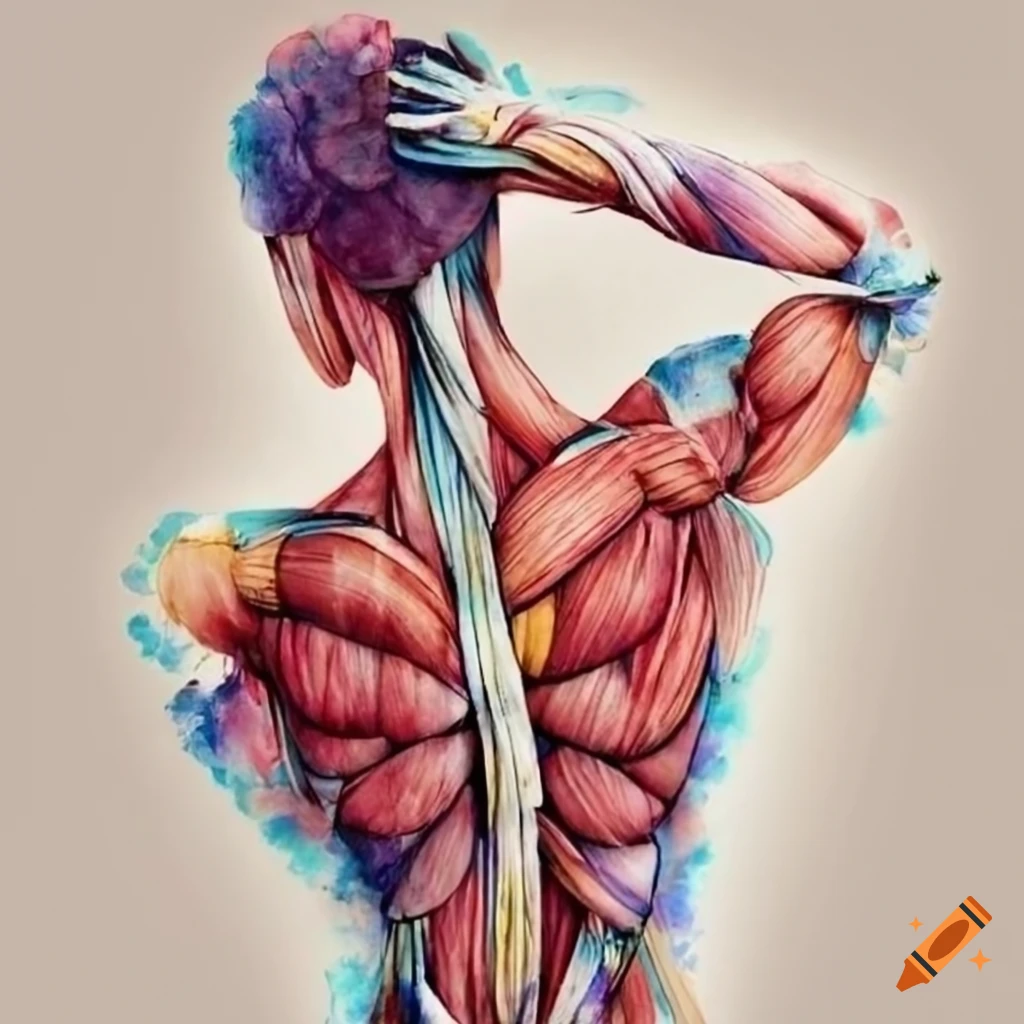 Floral watercolor print of human back muscles with flower elements on ...