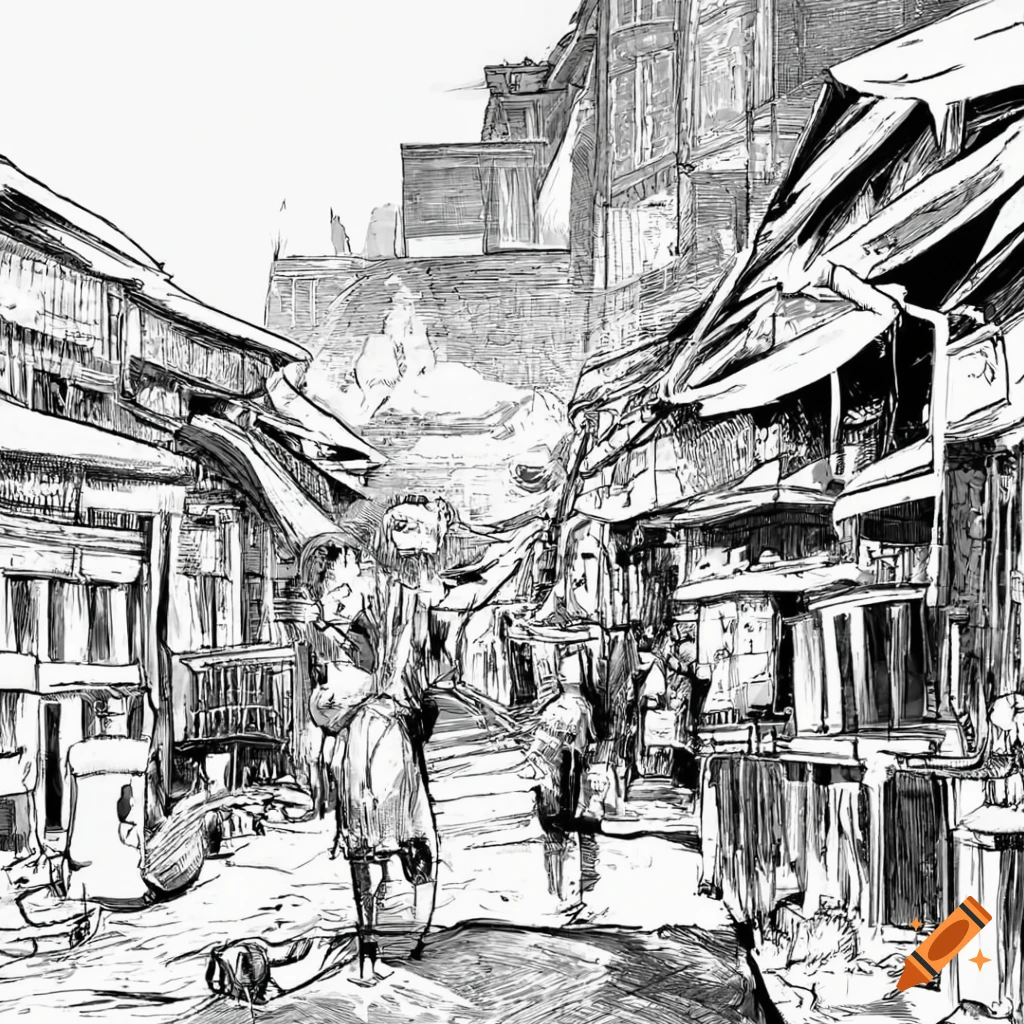 Closeup of a bustling bazaar in a bronze age city with diverse beings ...