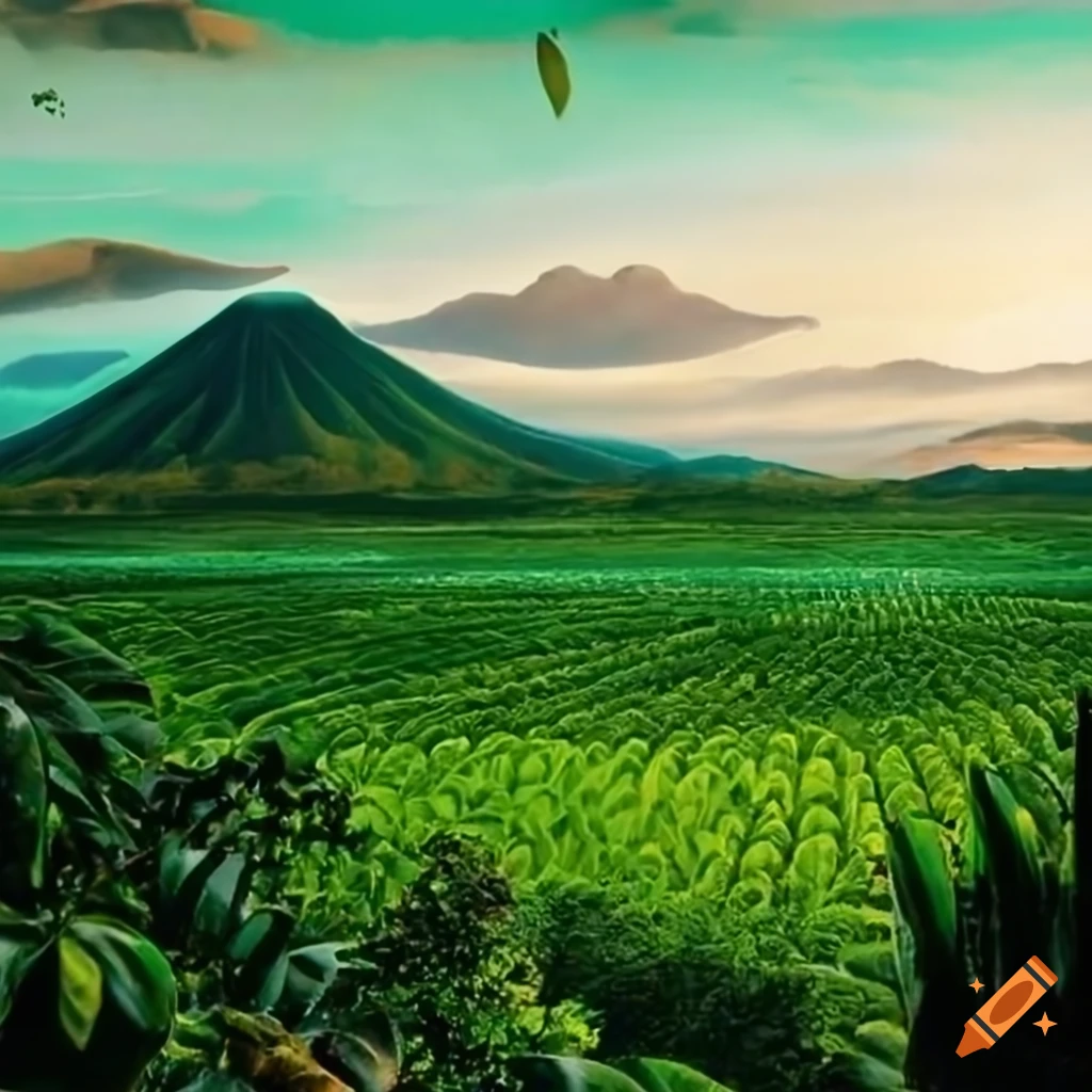 Realistic pencil drawing of a lush java coffee field with mount bromo ...