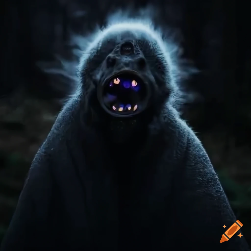 Creepy creature in a dark forest smiling with sharp teeth under a ...