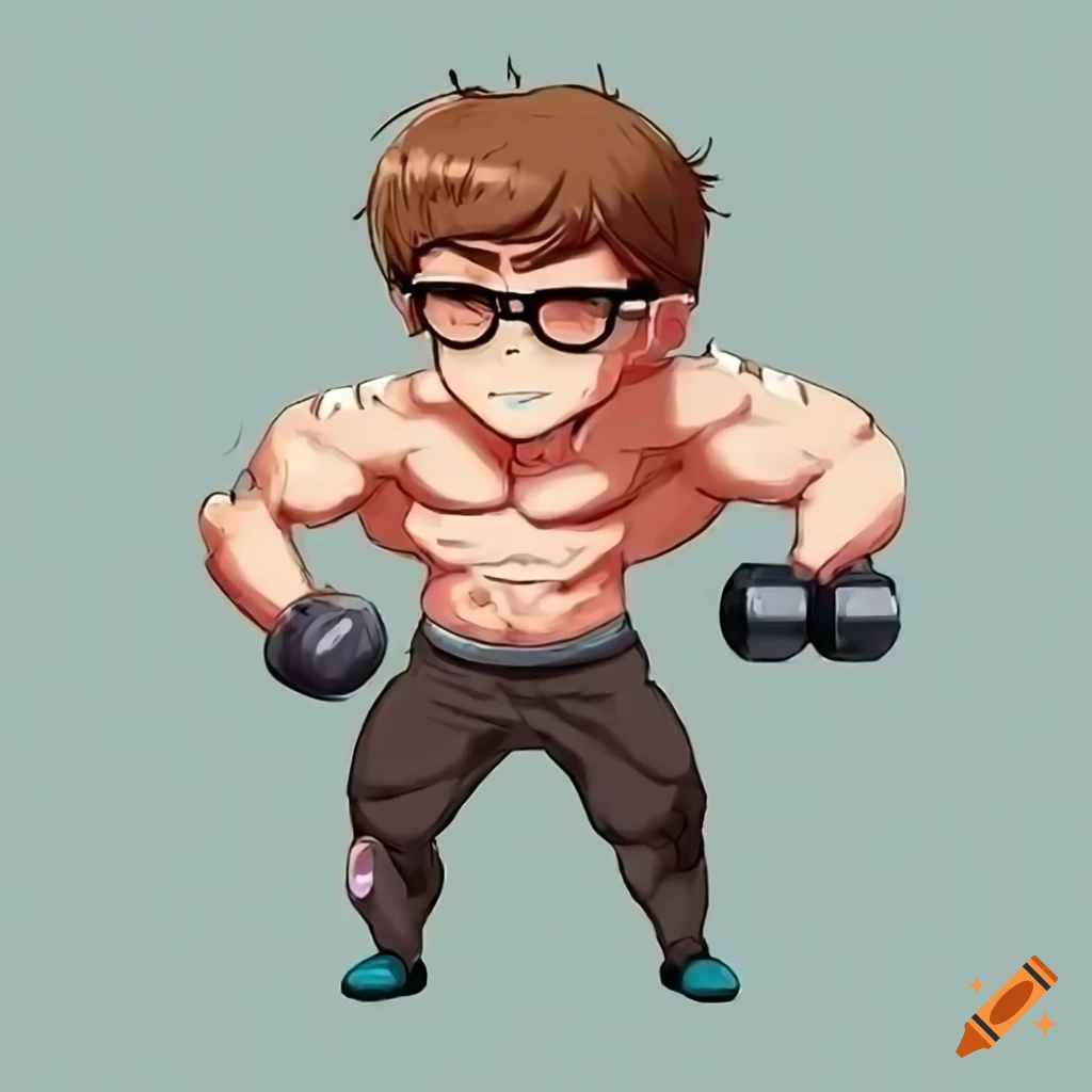 Chibi character with glasses and short hair flexing in the gym on Craiyon
