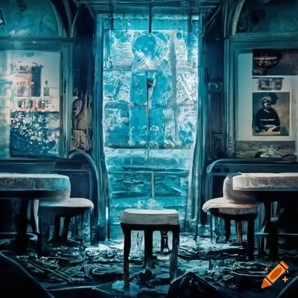 Frozen bar with vintage 50 posters and ice furniture in a post ...