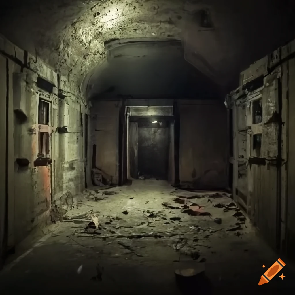 Dark underground bunker with flickering lights and old machinery on Craiyon