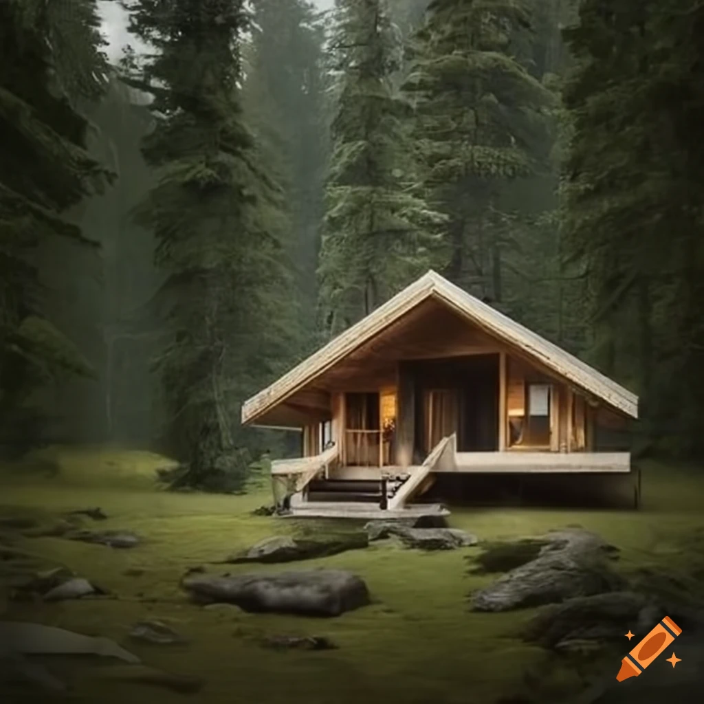 Realistic cabin in the mountains surrounded by a forest on Craiyon