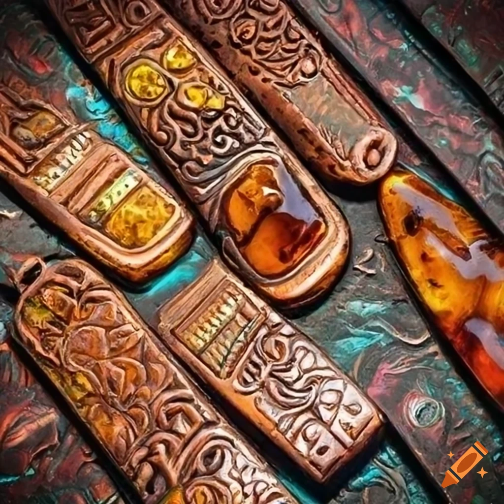Metal wide bar made of amber gemstones on colorful waxed concrete ...