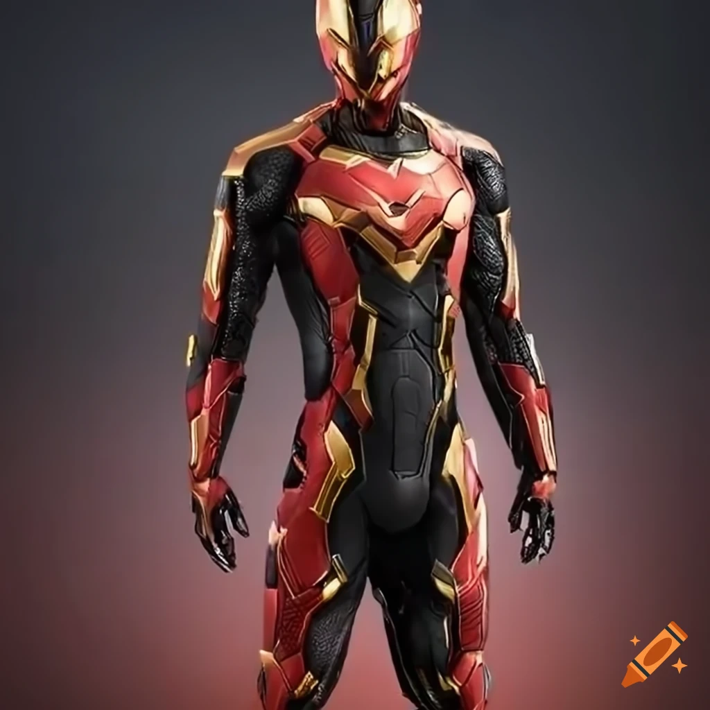 Sci-fi futuristic superhero suit inspired by mars, dragons, and technology with red, gold, and ...