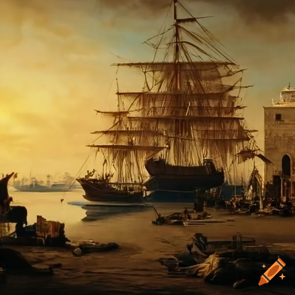 Old arabian docks with ships and sailors working on the silk route on Craiyon