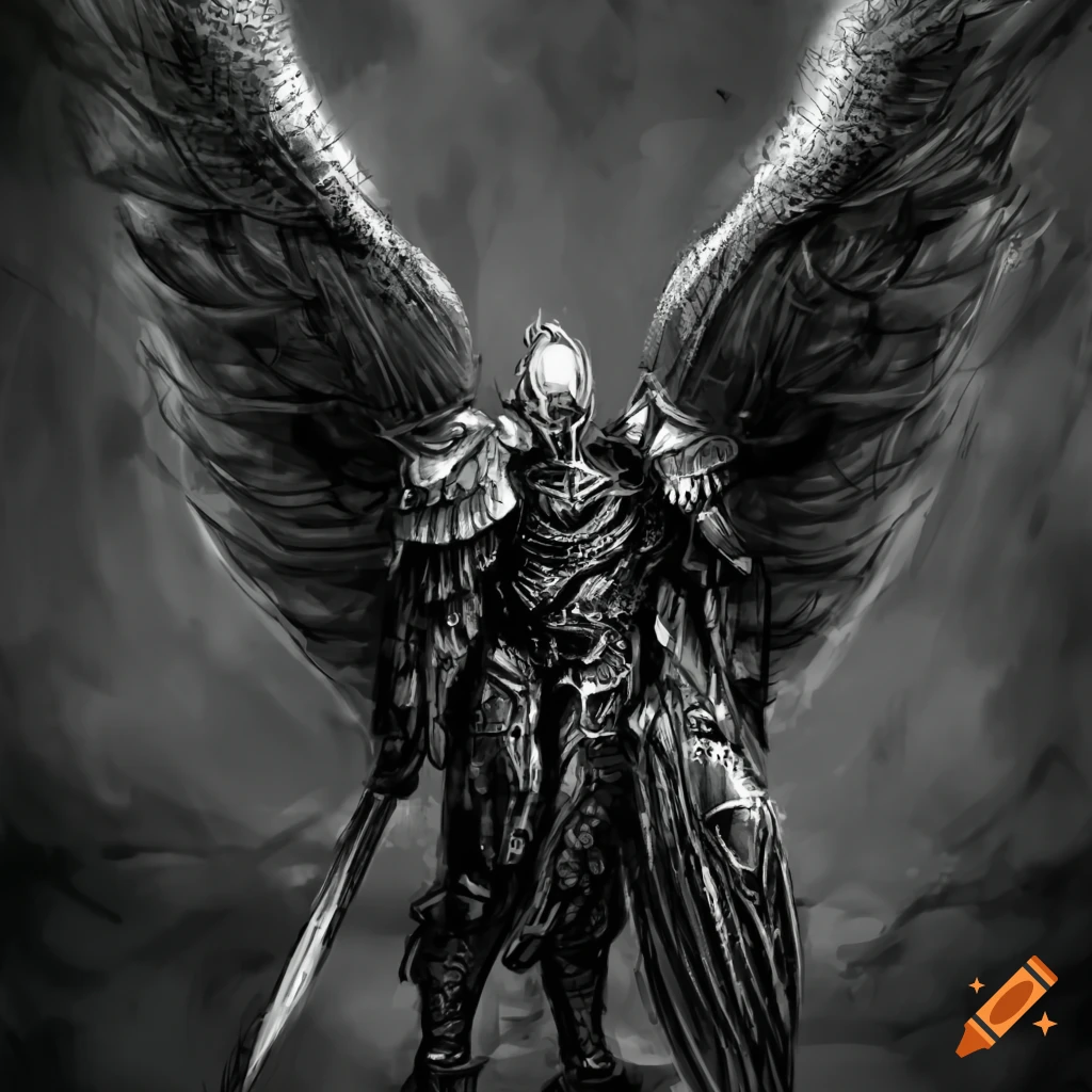 Sketch of a winged warlord knight in a dark setting on Craiyon