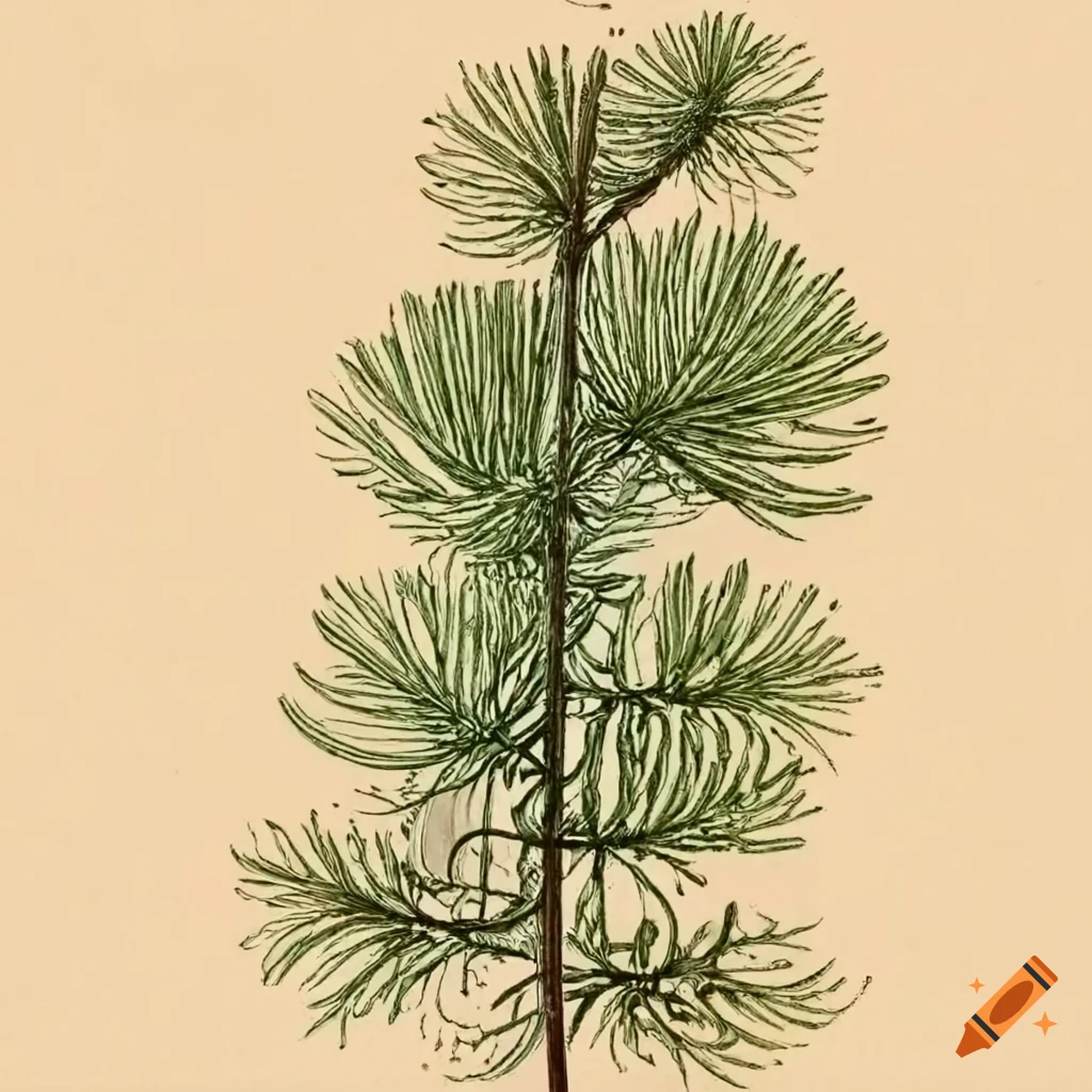 Detailed vintage illustration of Aleppo Pine plant flowers and leaves ...