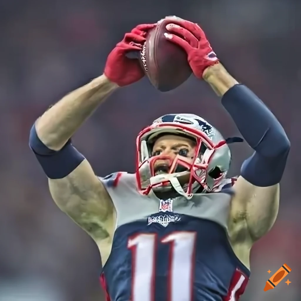 Julian Edelman catching football in mid-air on the field on Craiyon