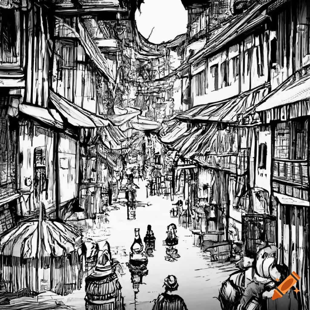 Closeup of a bustling bazaar in a bronze age city with diverse beings ...