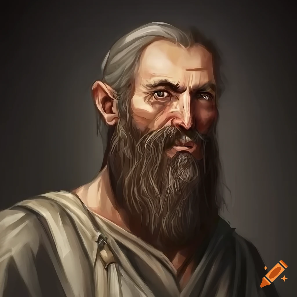 Portrait of a stern-looking 50-year-old man in white robes in a fantasy ...