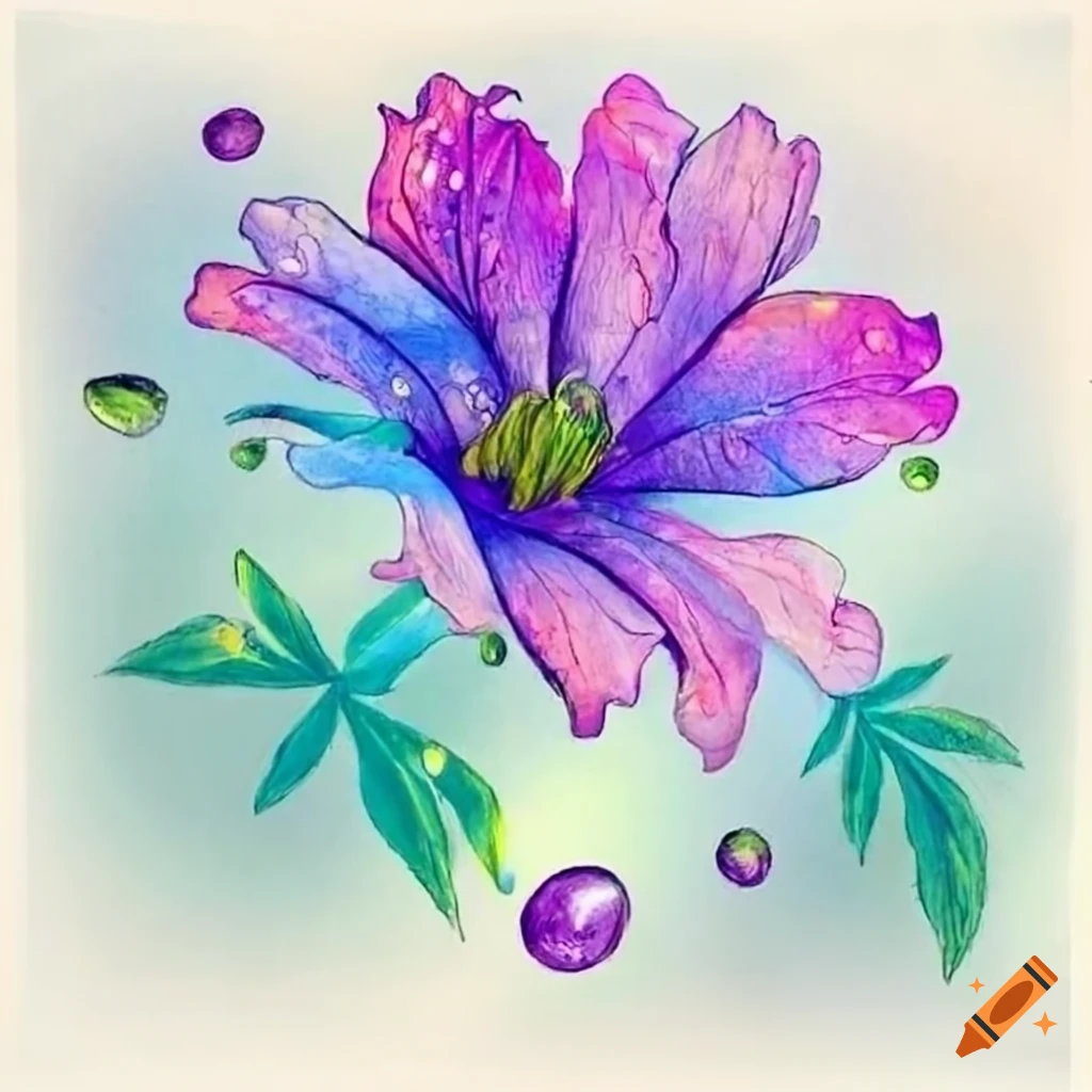 Close-up drawing of vibrant flowers with morning dew on Craiyon