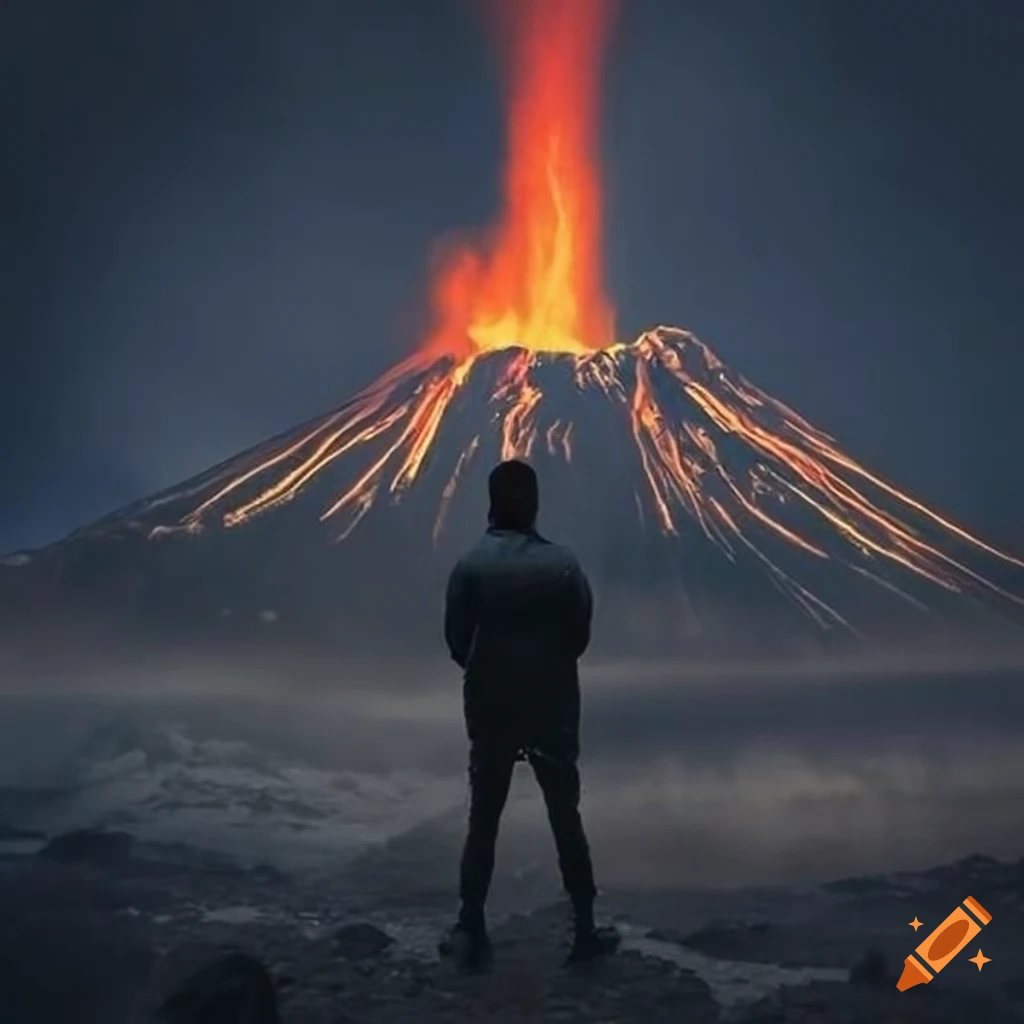 Man with black cap observing an active volcano from a safe distance on ...