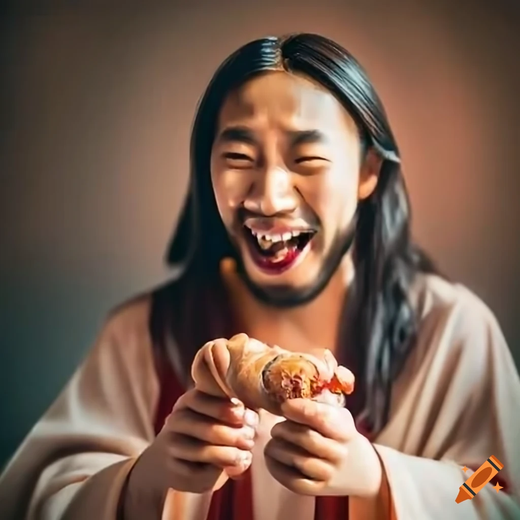 Smiling Asian Jesus enjoying a bratwurst on Craiyon