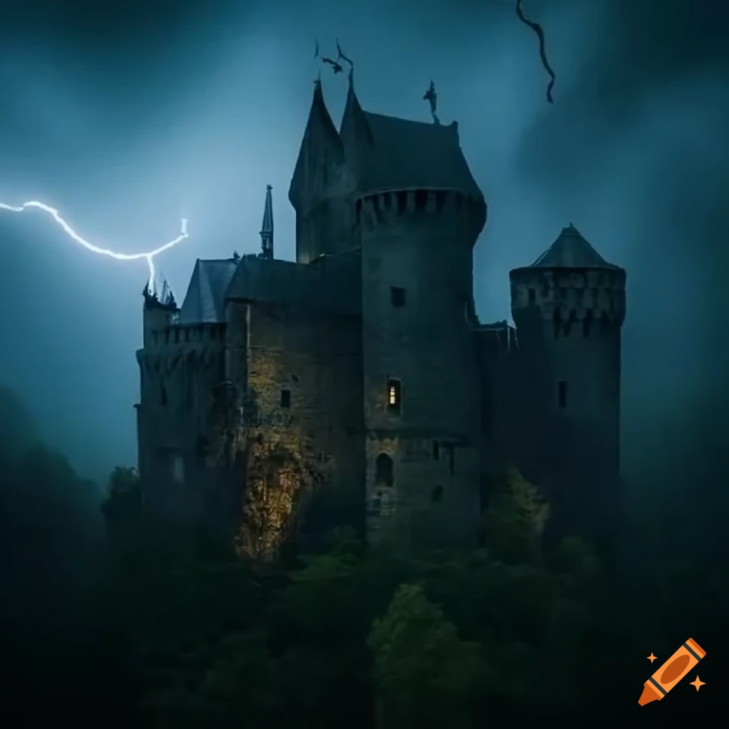 Medieval castle in a dark forest during a storm with rain and lightning ...