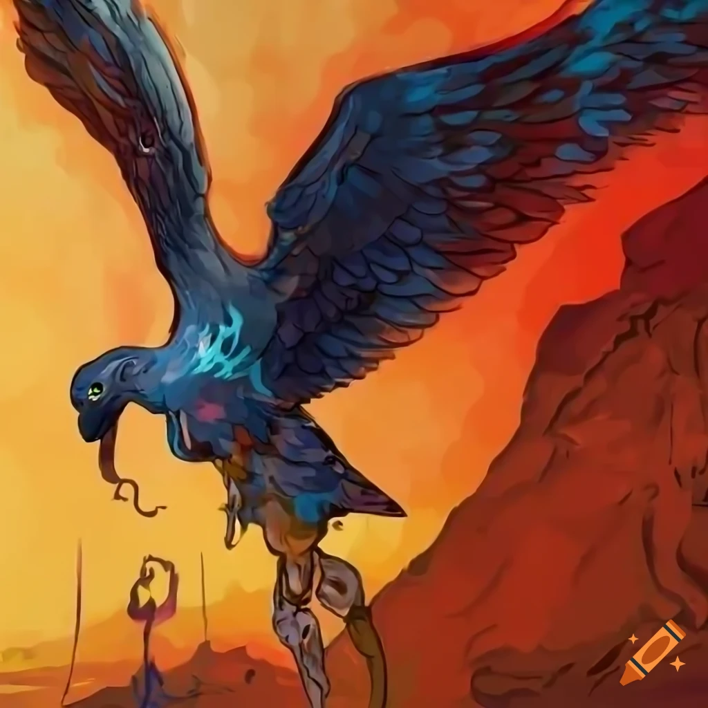 Friendly anthropomorphic pigeon in futuristic armor with fire sword ...