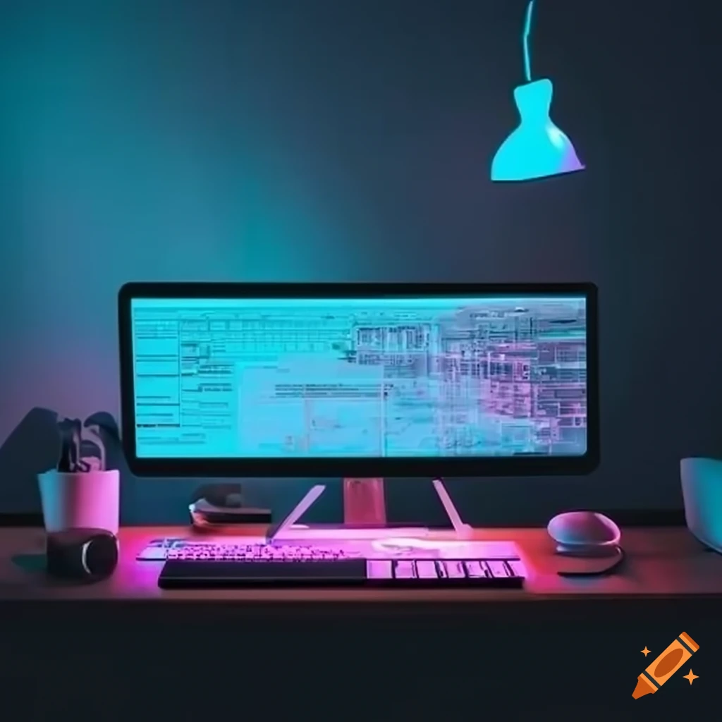 Programmer working on computer in dimly lit room with headphones on Craiyon