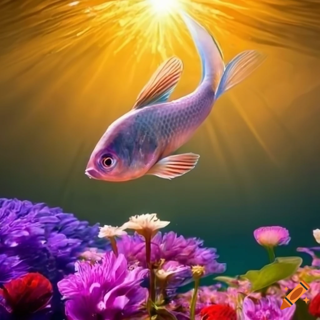 Fish underwater with flowers being swept away by the water on Craiyon