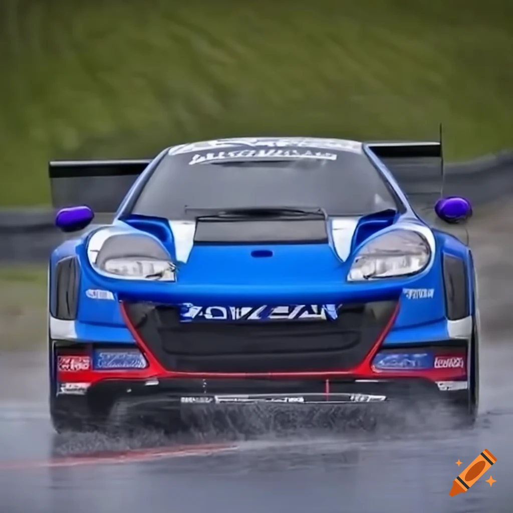 Blue Ligier JS2R racecar on wet racetrack with tire smoke on Craiyon