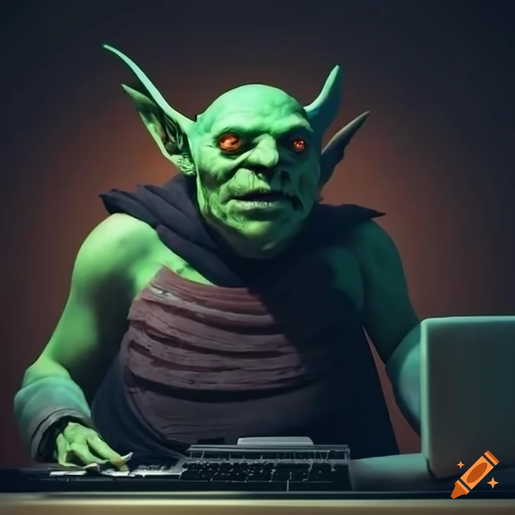 Giant goblin working on a computer in a dark room on Craiyon
