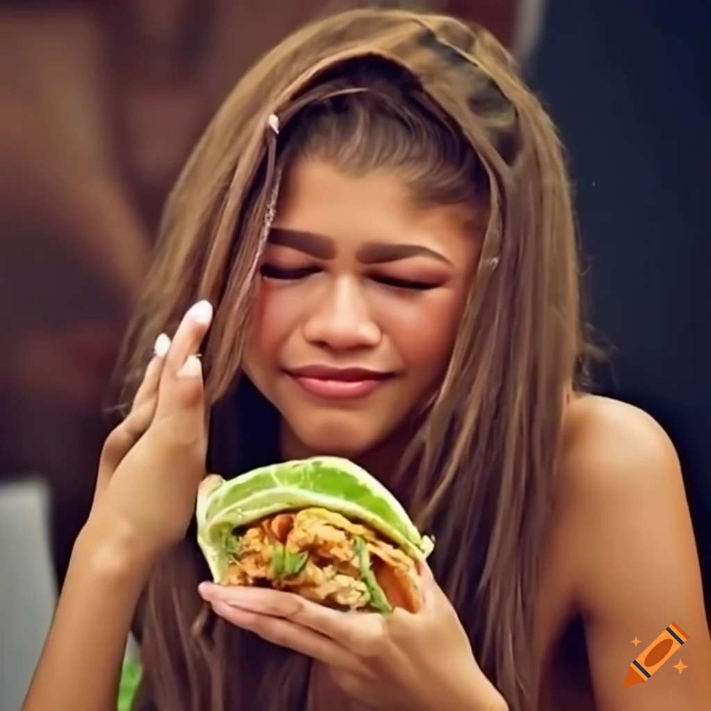 Zendaya crying while eating tacos on Craiyon