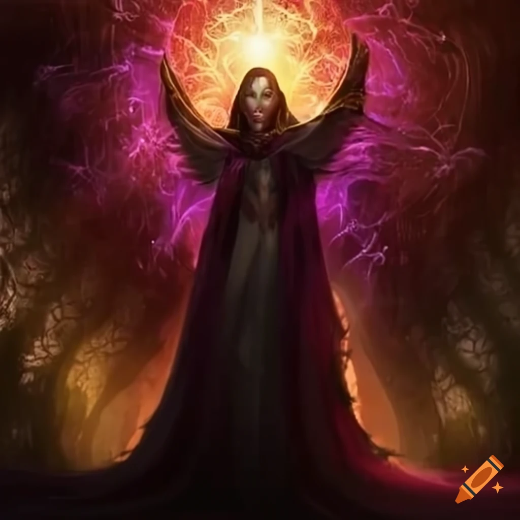 Mythical being in cloak with mystical aura performing arcane ...