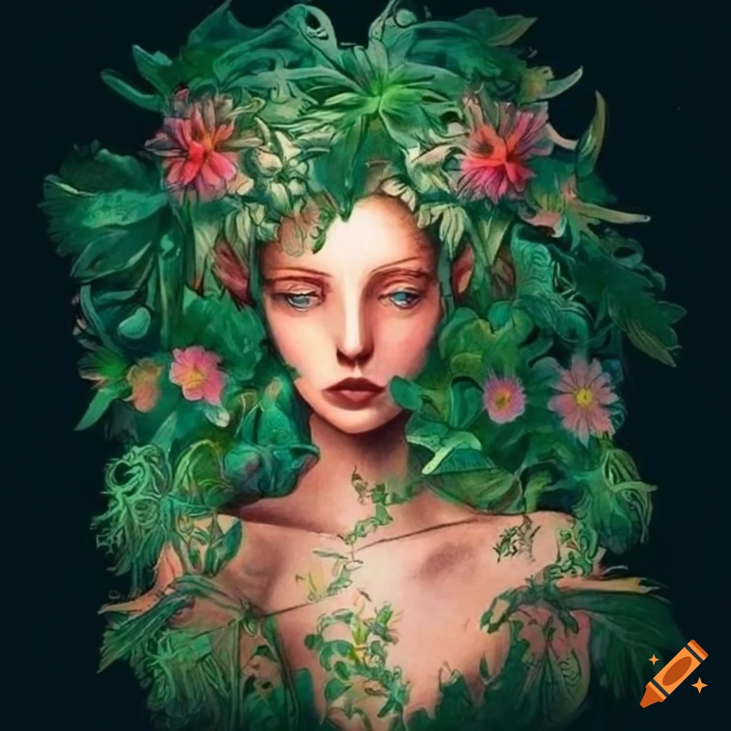 Nymph made of flowers and foliage in a graphic novel style on Craiyon