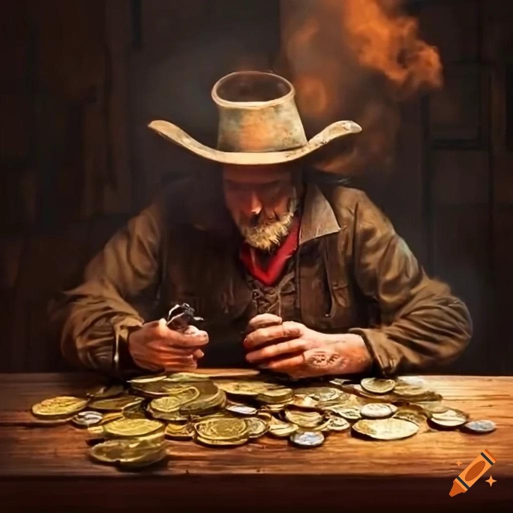 Cowboy counting gold coins in a dusty western saloon on Craiyon