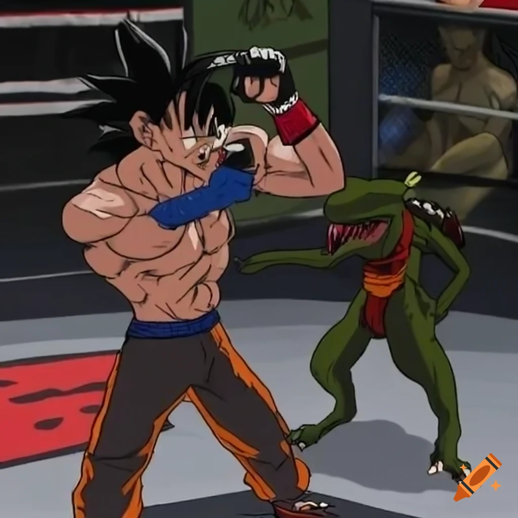 Goku and lizard kobold in an mma ring on Craiyon