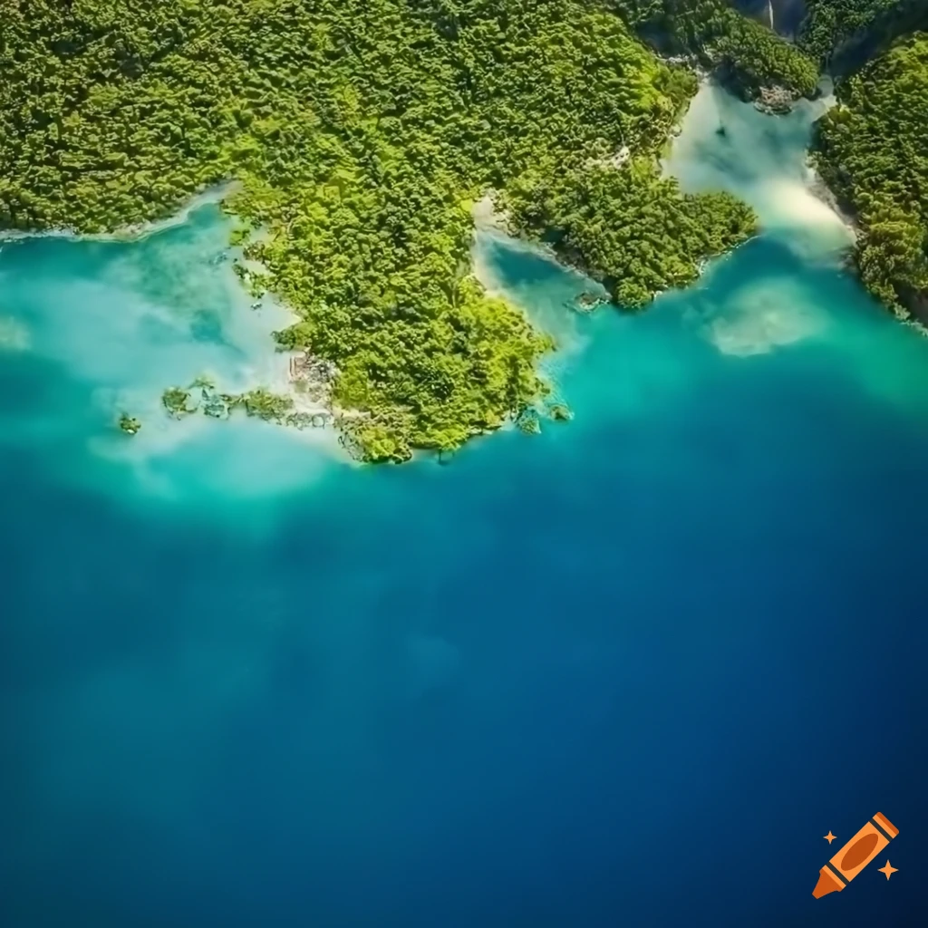 Aerial view of a tropical archipelago with multiple islands on Craiyon
