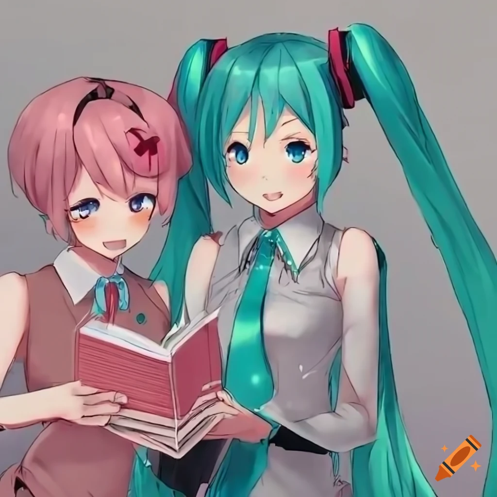 Hatsune miku and natsuki reading manga in the literature club on Craiyon