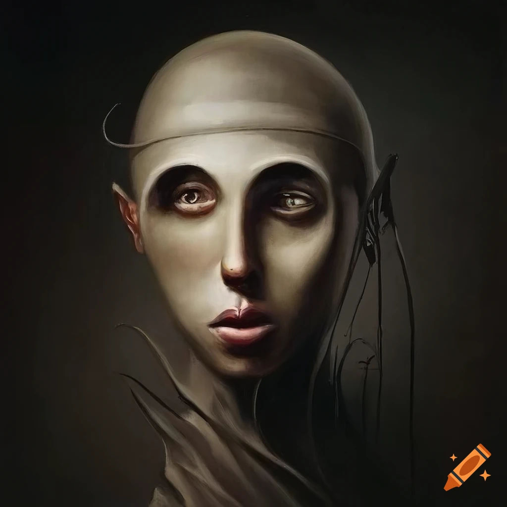 Captivating artwork depicting human figures in an urban setting with a juxtaposition of organic ...