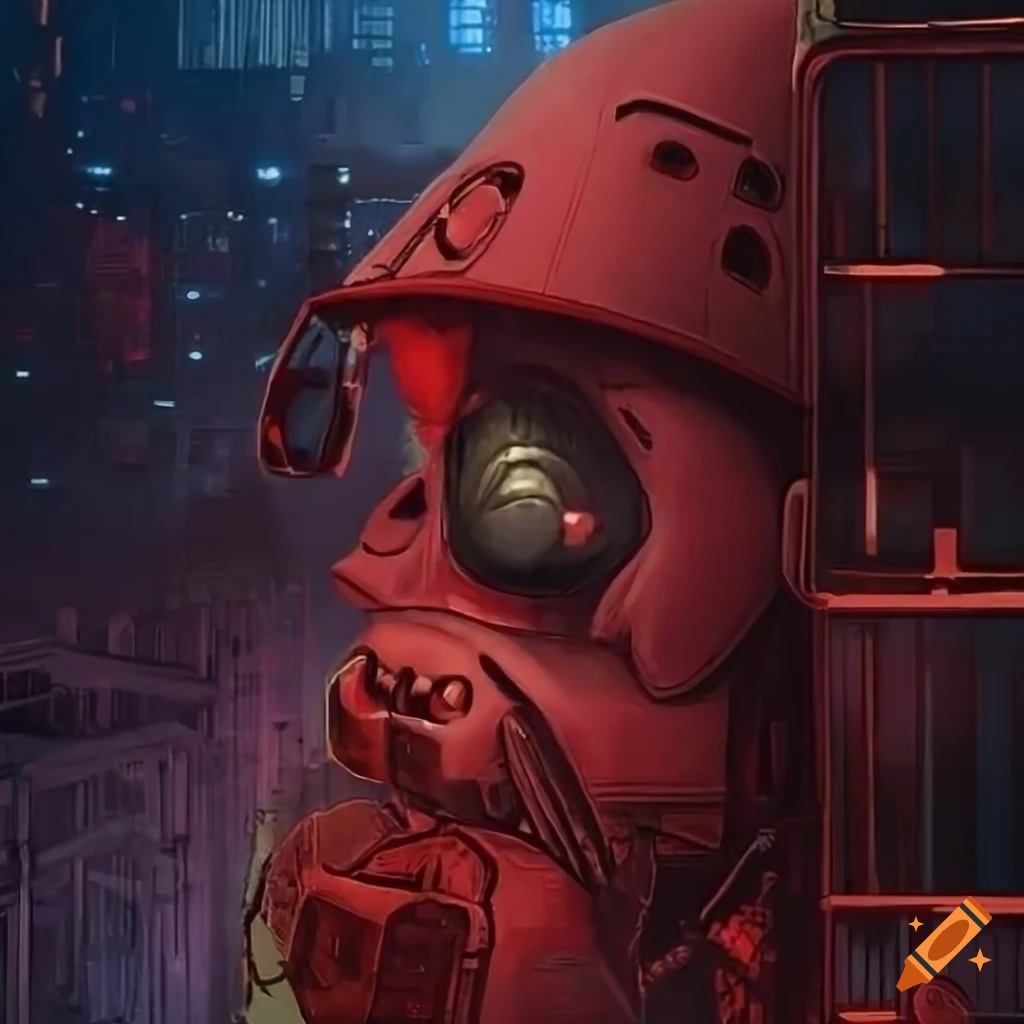 Red cyberpunk phone with Moebius artwork design on Craiyon