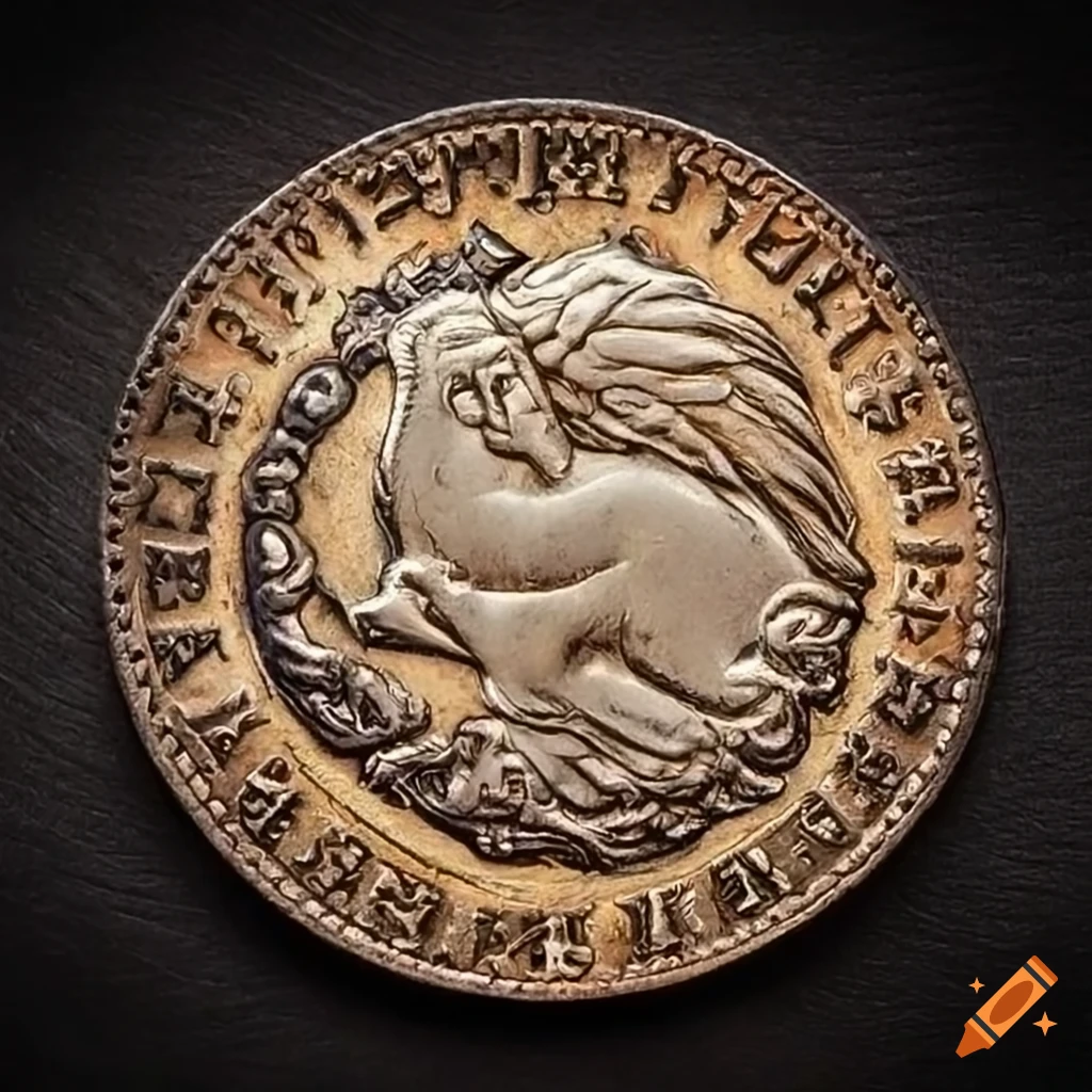 Intricately designed historical coin with fiery emblem on Craiyon