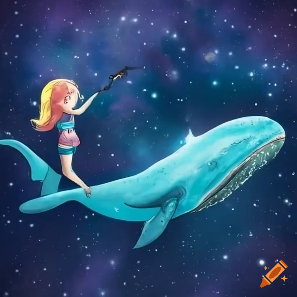 Girl riding a whale in space reaching for the sky on Craiyon