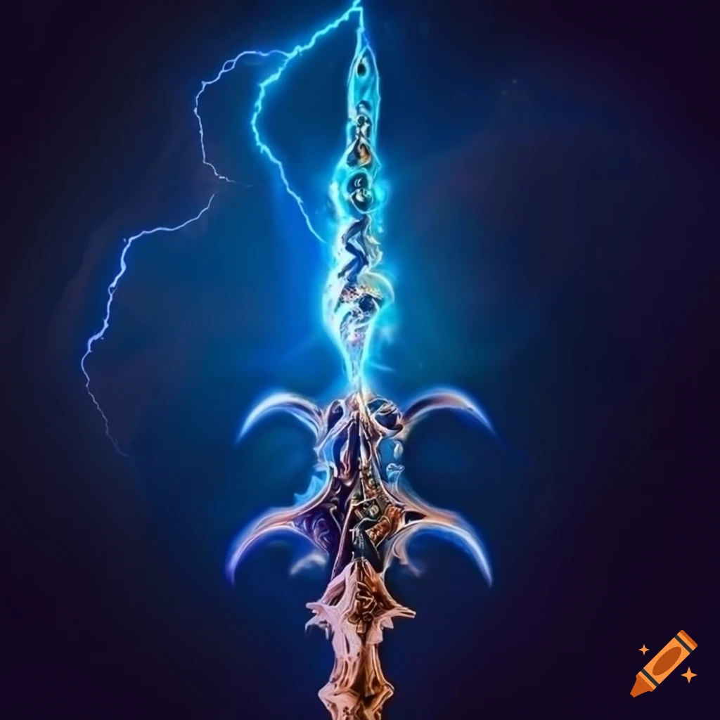 Intricately designed fantasy lightning-themed glaive in striking close ...