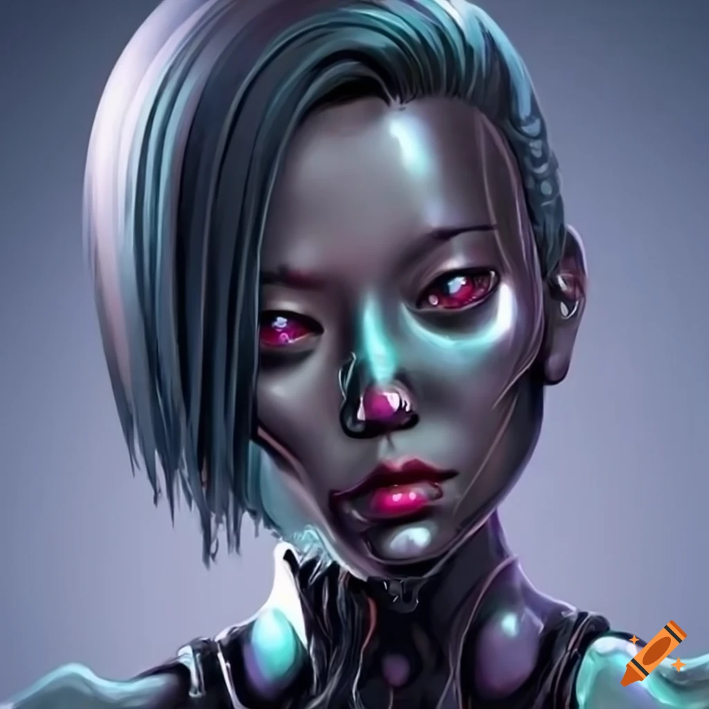 Female Asian cyborg made of slime and candies with black bobcut hair in ...