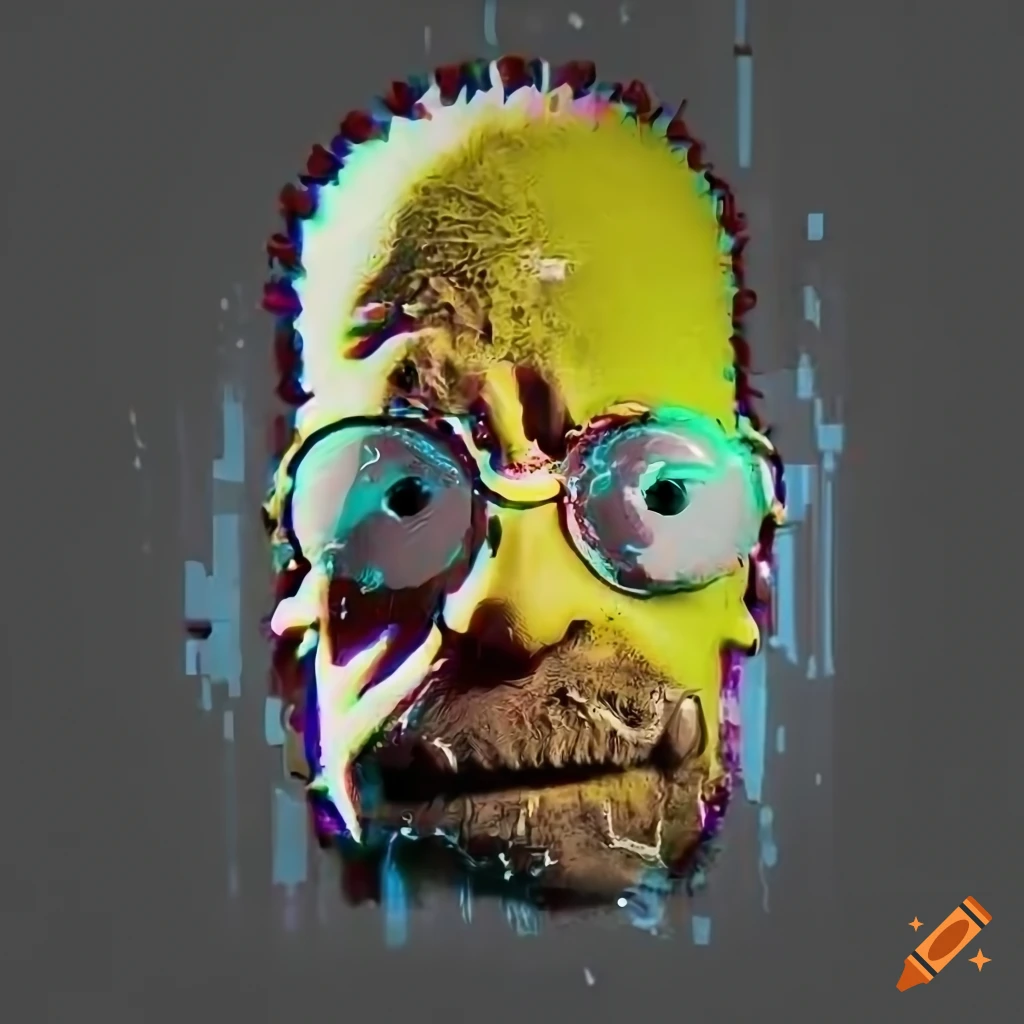 Double exposure of Homer Simpson with glitchy grunge textures on Craiyon
