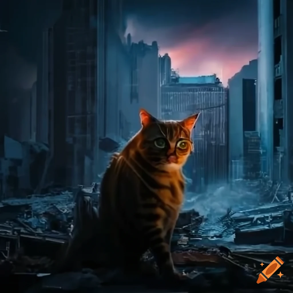 Colossal cat causing destruction in a cityscape on Craiyon