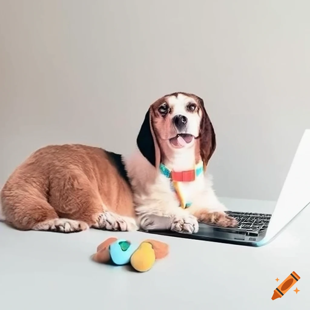 Laptop with pet stickers, plush toys, treats, and a cozy pet bed in the ...